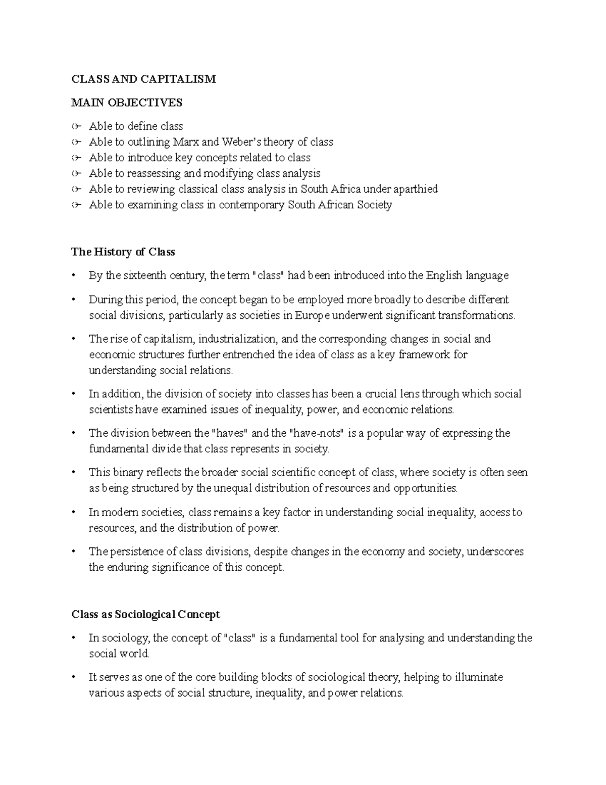 Class and Capitalism - CLASS AND CAPITALISM MAIN OBJECTIVES ̶ Able to ...