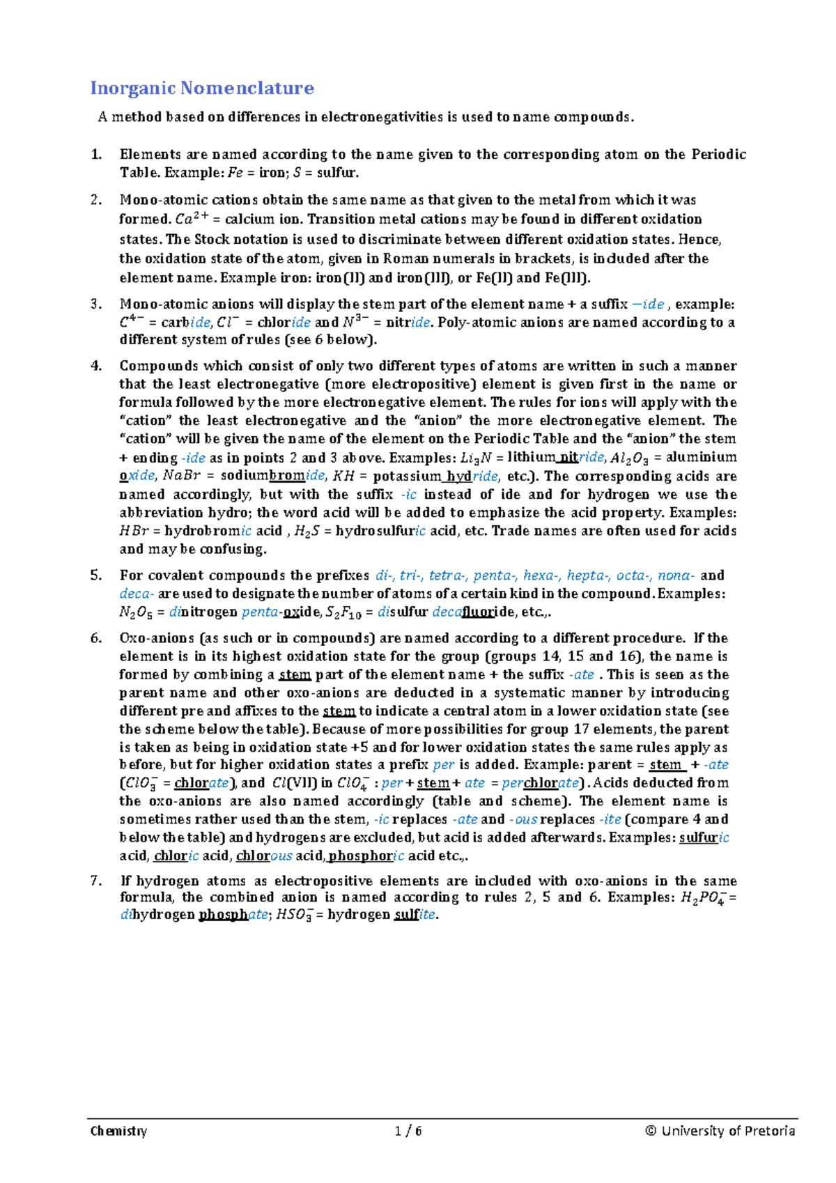 Inorganic Nomenclature steps and notes cheat sheet - Inorganic ...