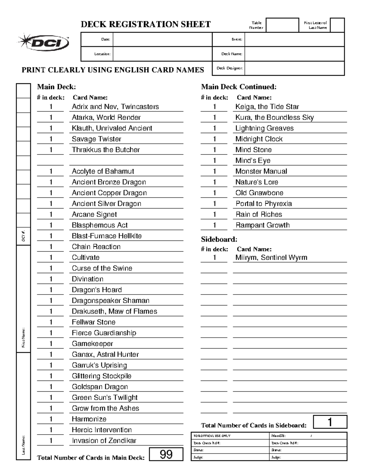 Miirym 1 - Lista - DECK REGISTRATION SHEET NumberTable First Letter ofLast Name Date: Event ...