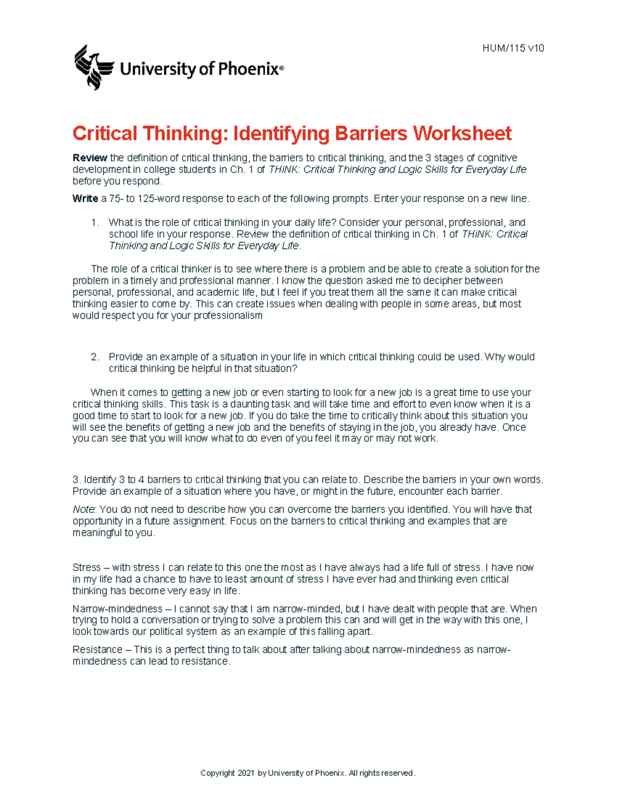 Hum115 v10 wk1 critical thinking identifying barriers worksheet - HUM ...