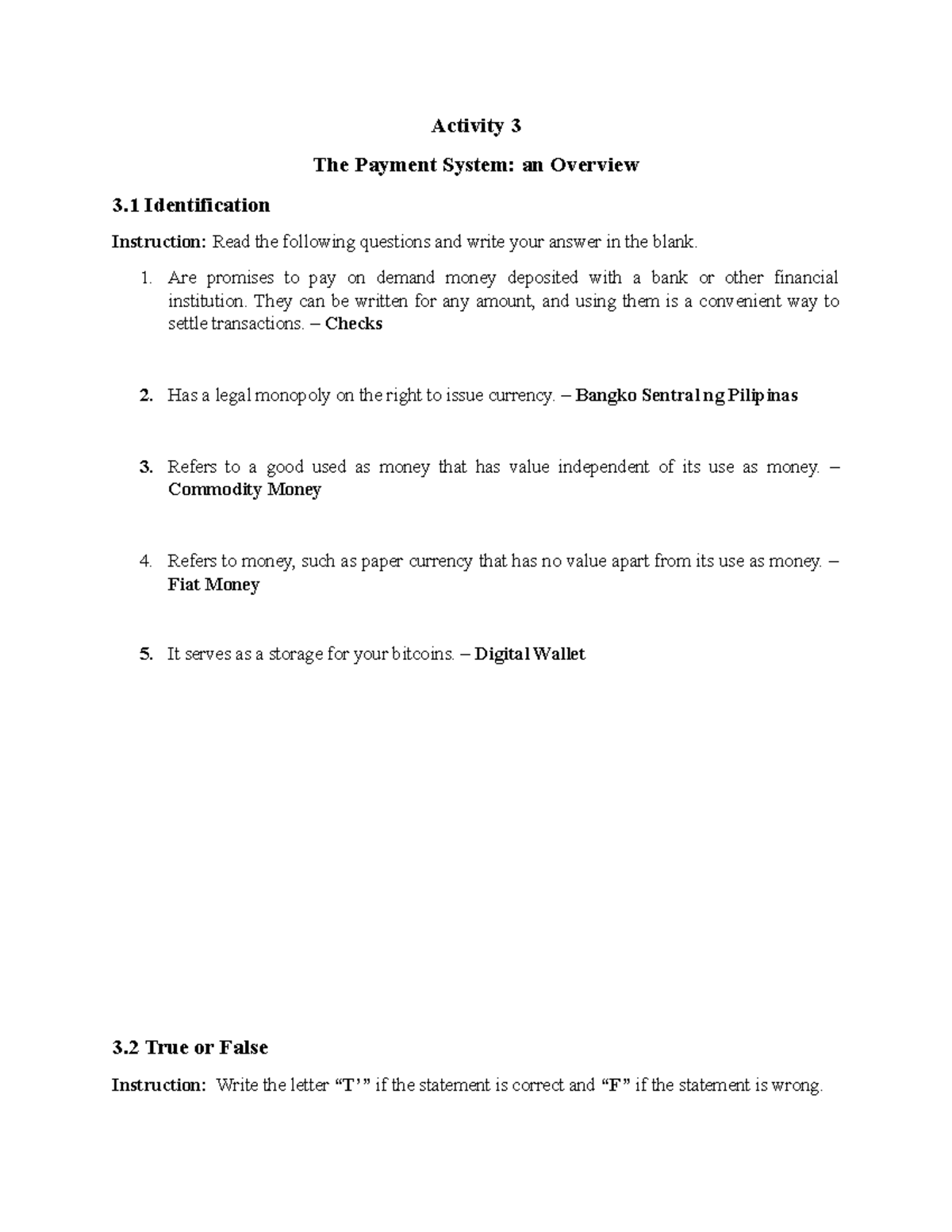 The Payments System An Overview - Activity 3 The Payment System: an ...