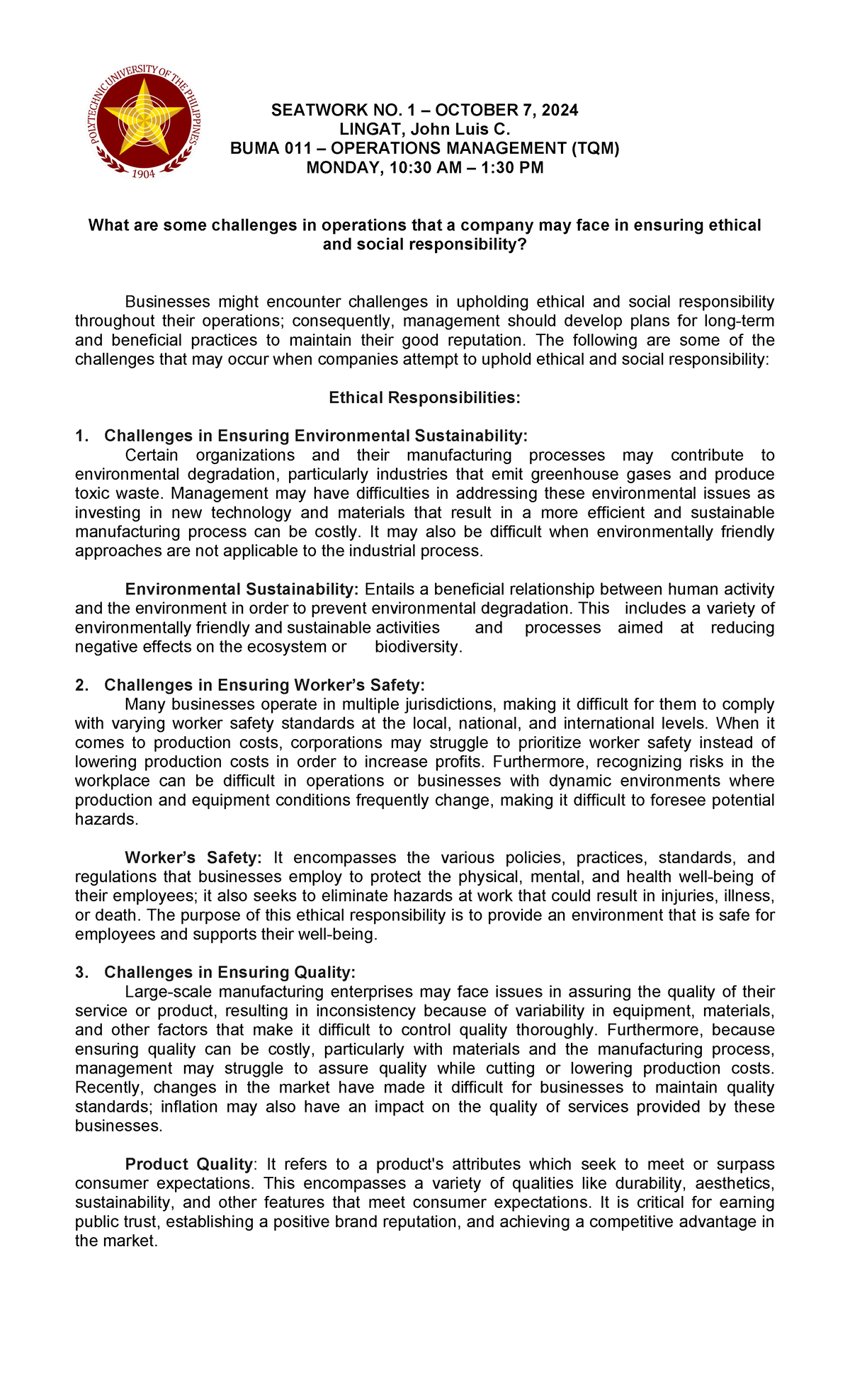 sw-opman-essay-4questions - SEATWORK NO. 1 – OCTOBER 7, 2024 LINGAT ...