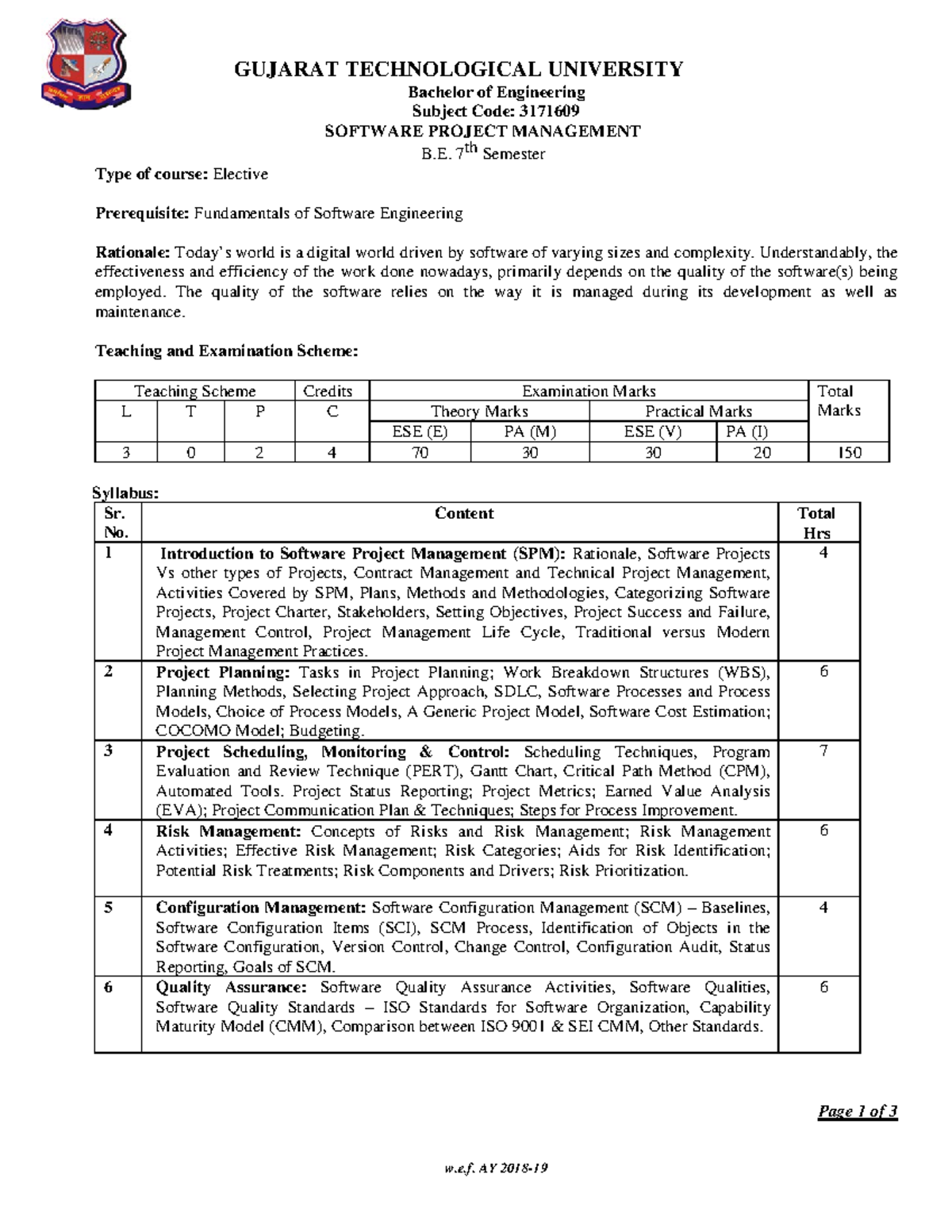Software Project Management Syllabus - GUJARAT TECHNOLOGICAL UNIVERSITY ...
