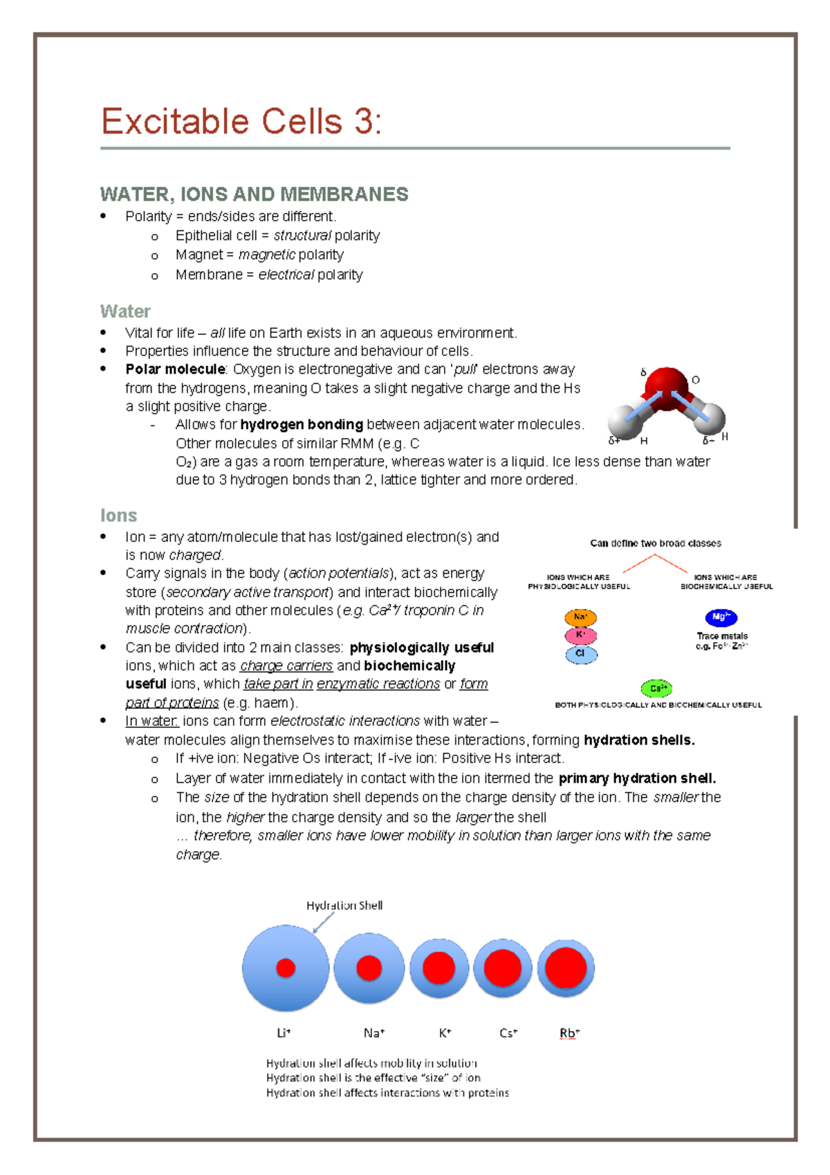 Excitable Cells 3: Water Ions and Membranes - Studocu