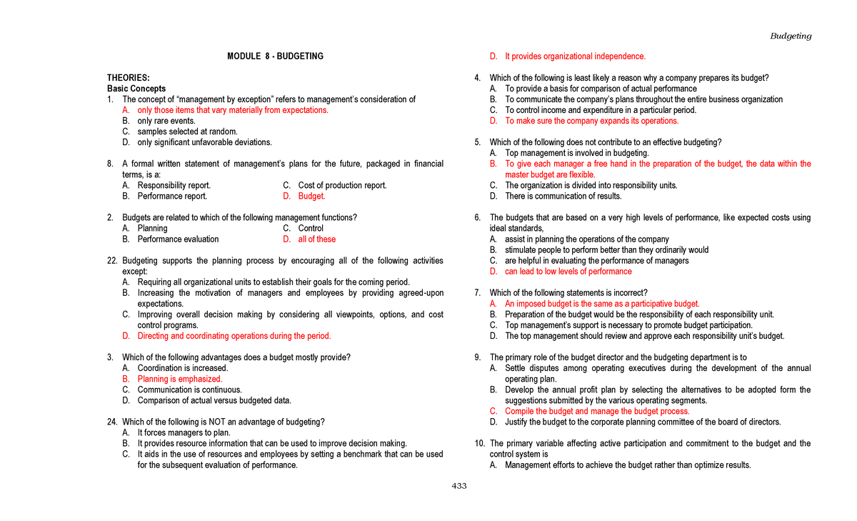 Budgeting KEY ANS - Study well - MODULE 8 - BUDGETING THEORIES: Basic ...