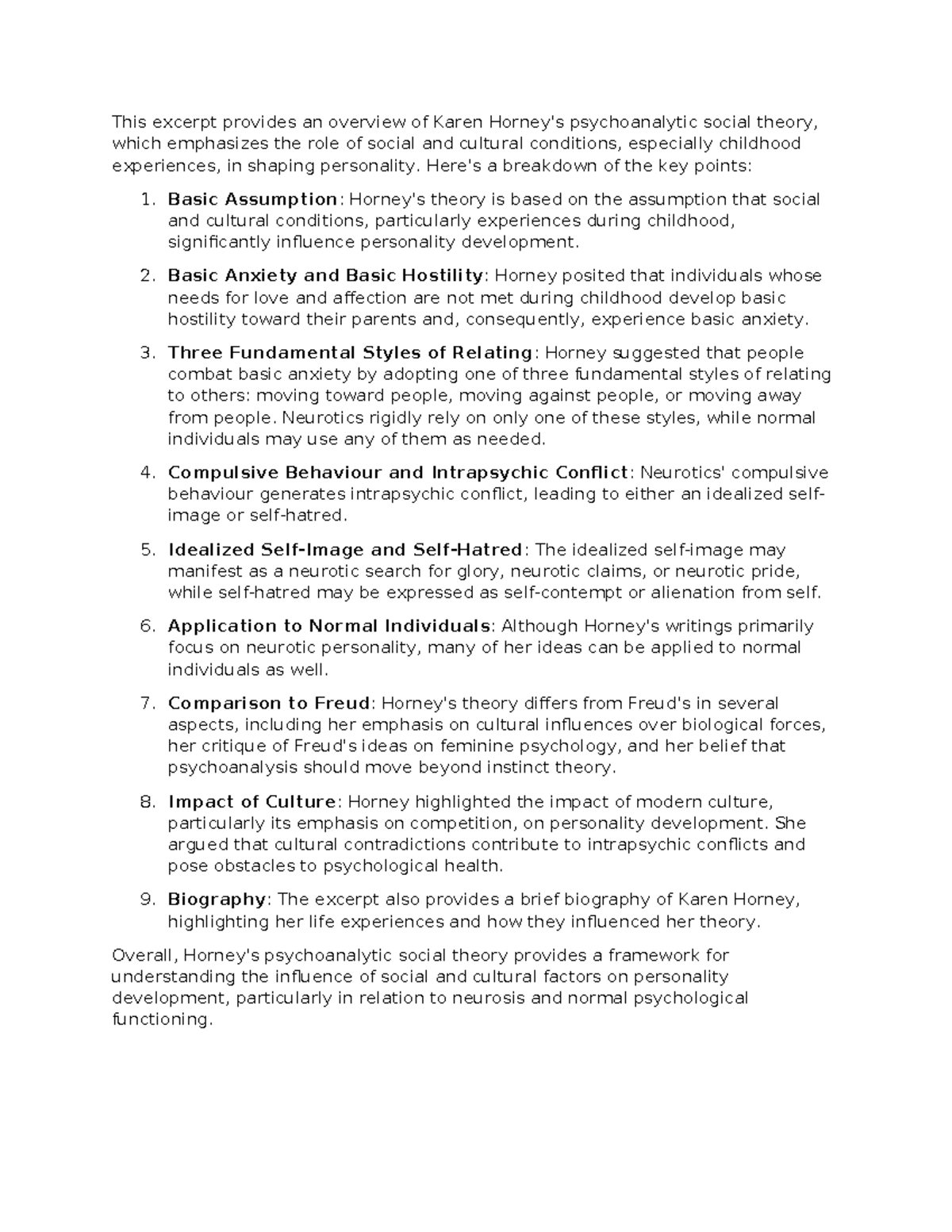 Horney - This excerpt provides an overview of Karen Horney's ...