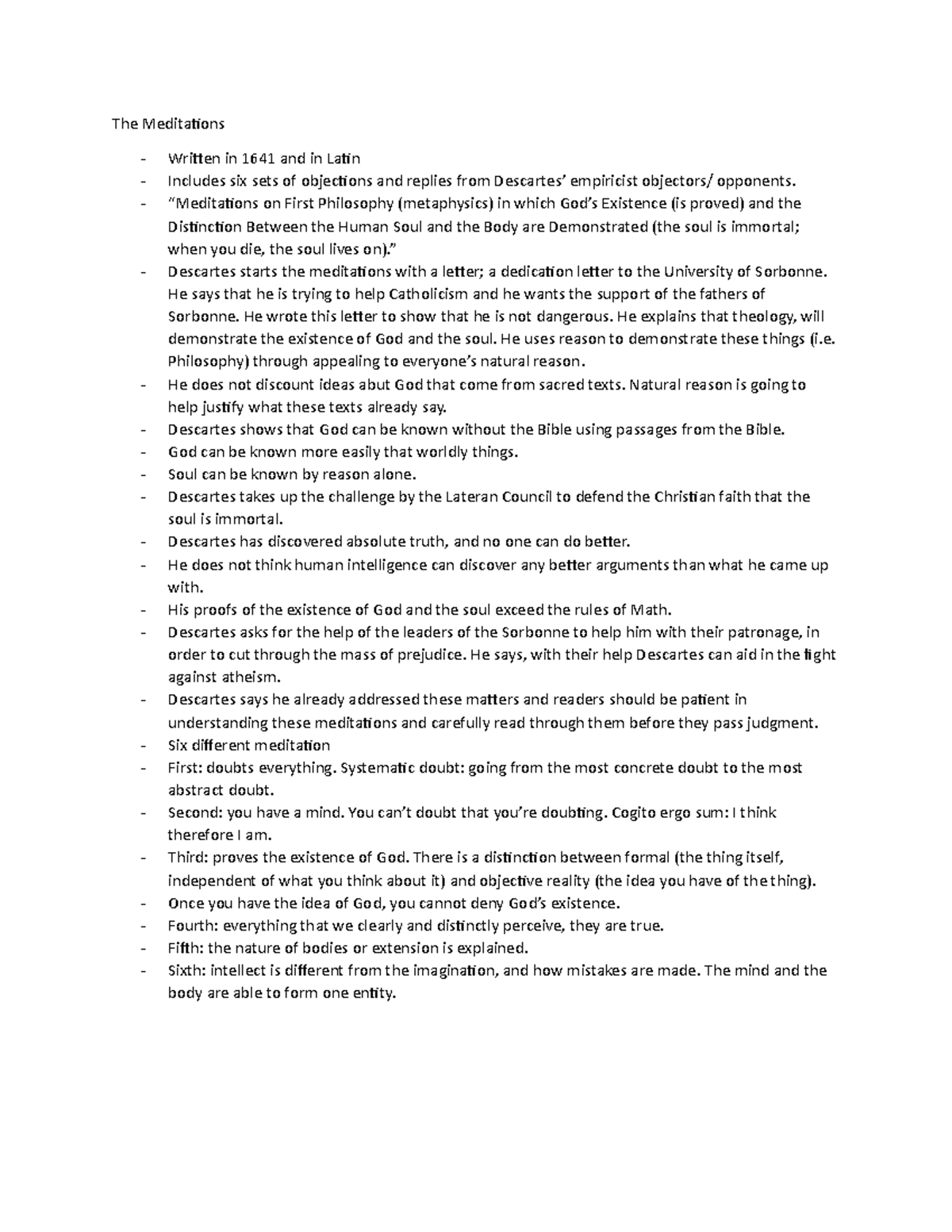 The Meditations - Lecture notes 10-14 - The Meditations Written in 1641 ...