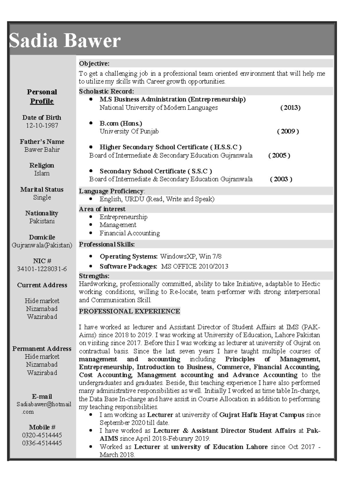 Sadia bawer's cv copy - Sadia Bawer Personal Profile Date of Birth 12 ...