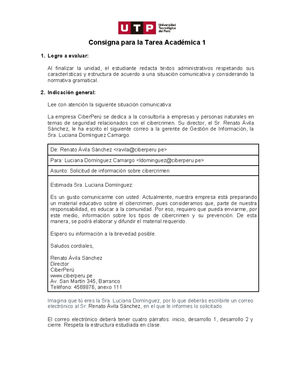 Tareaacademica 1 semana 4 comprencion - Consigna para la Tarea Académica 1 Logro a evaluar: Al ...