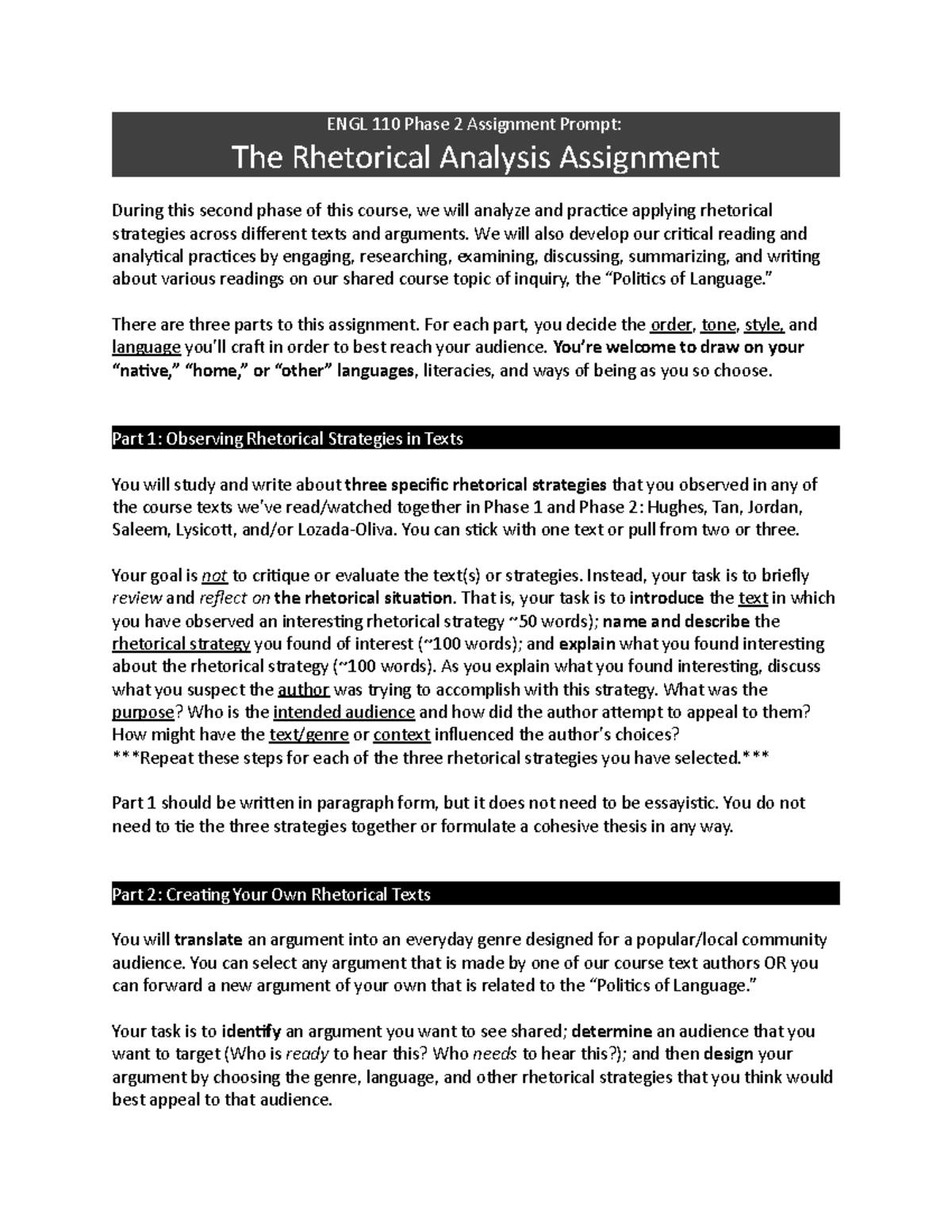 Assignment Prompt Phase 2 Rhetorical Analysis Choquette - ENGL 110 ...