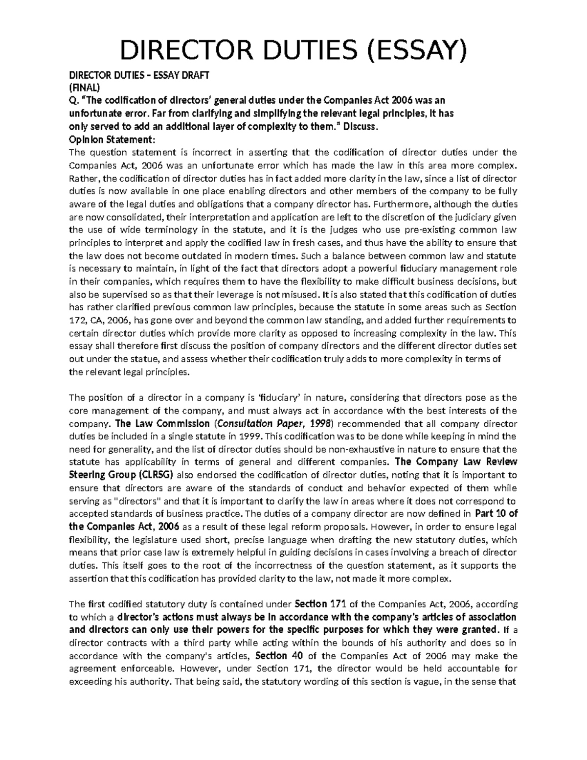 Director Duties Essay - DIRECTOR DUTIES (ESSAY) DIRECTOR DUTIES – ESSAY ...