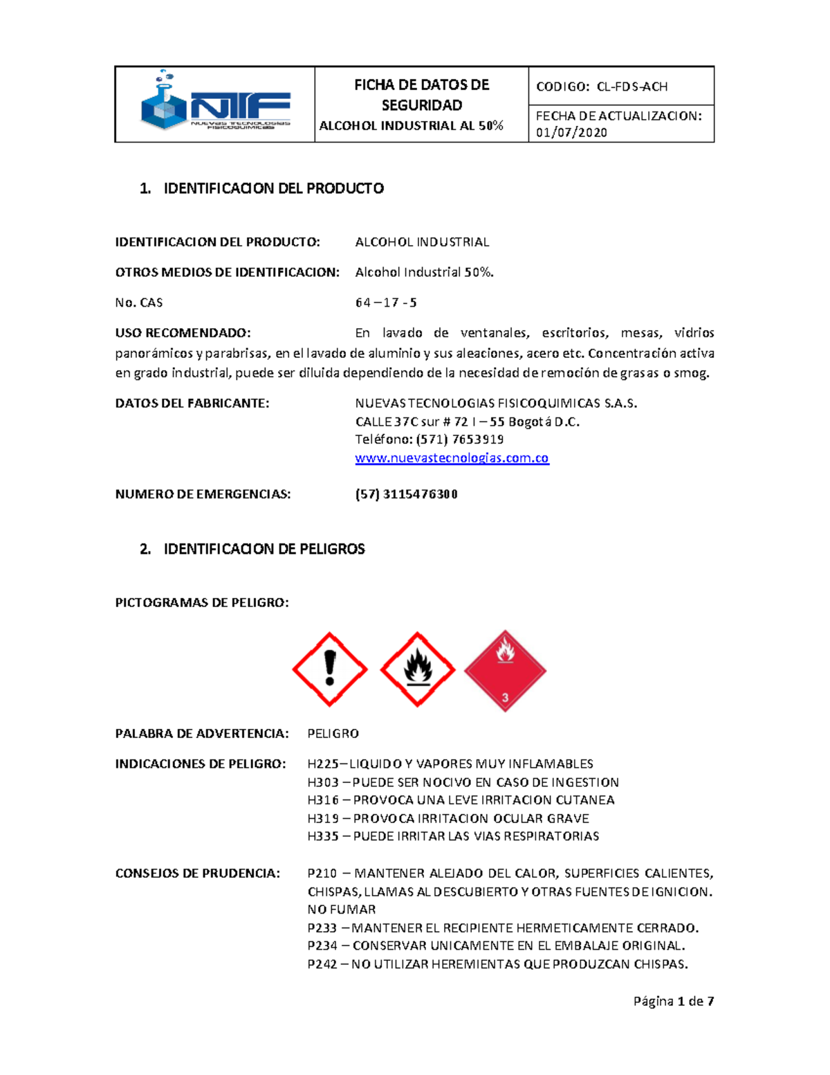 CL-FDS-ACH50 Alcohol - ficha de datos de seguridad - SEGURIDAD ALCOHOL ...