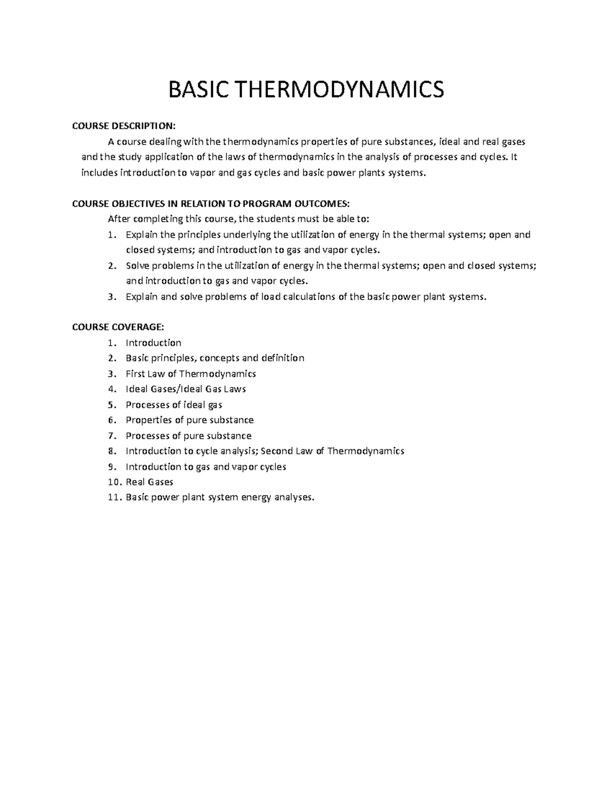 Basic Thermodynamics Introduction - BASIC THERMODYNAMICS COURSE ...