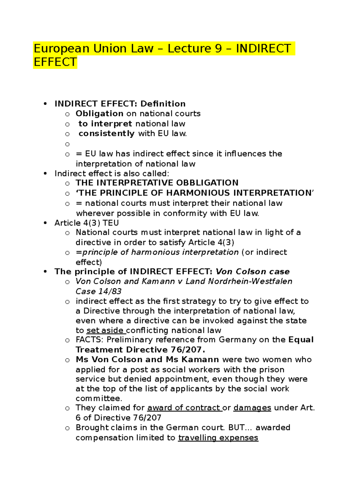 Lecture 9 - Indirect effect - European Union Law – Lecture 9 – INDIRECT ...