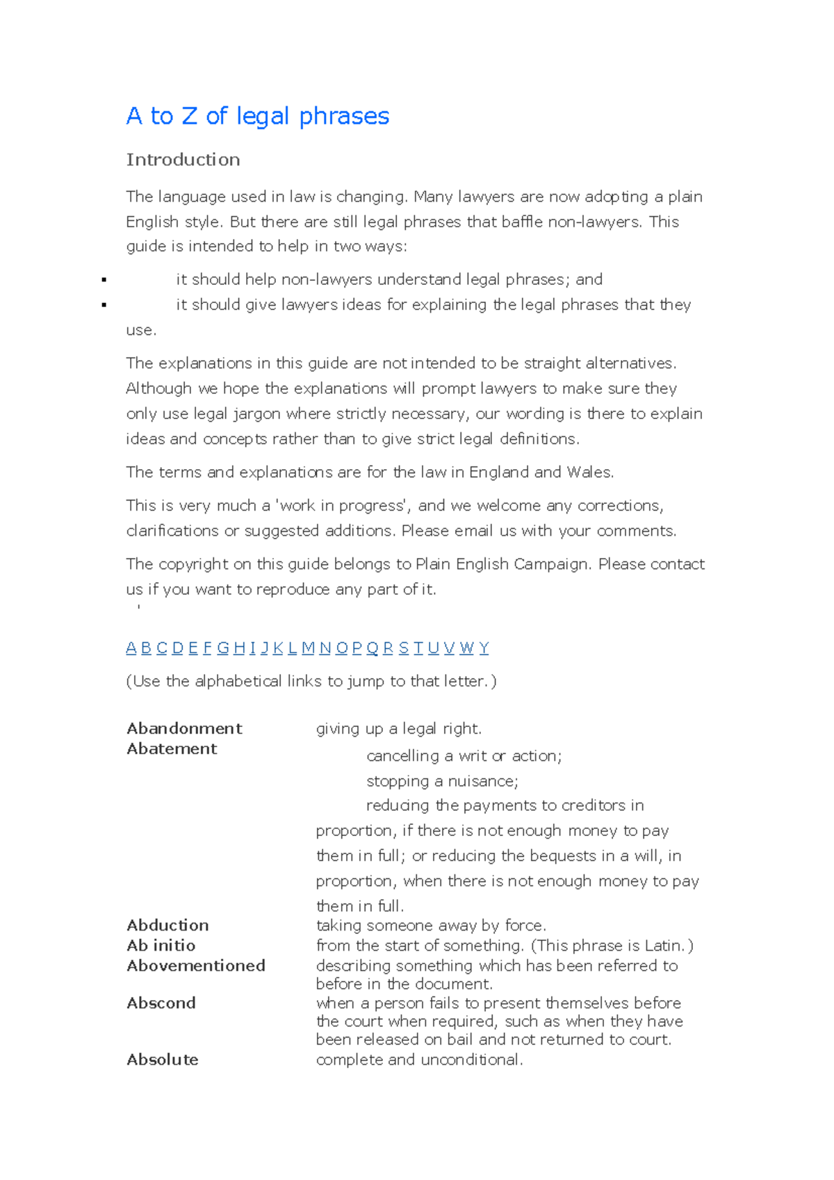 A to Z of legal phrases - A to Z of legal phrases Introduction The ...