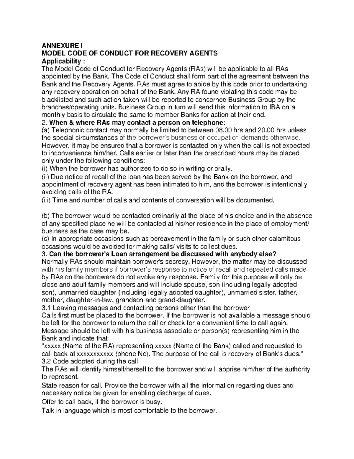 Policy ON Security Repossession - ANNEXURE I MODEL CODE OF CONDUCT FOR ...