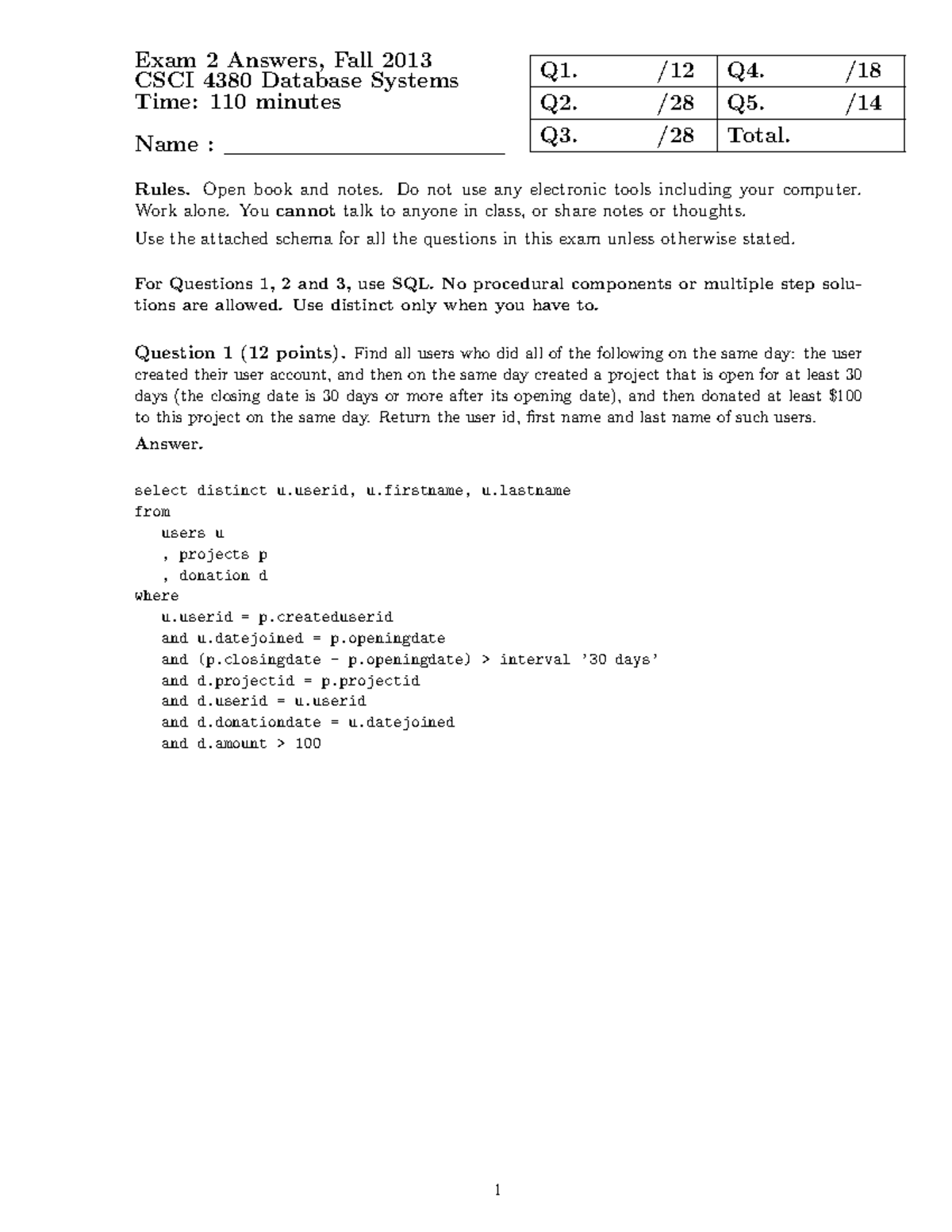 Old exam2ans - BACK EXAM - Exam 2 Answers, Fall 2013 CSCI 4380 Database ...