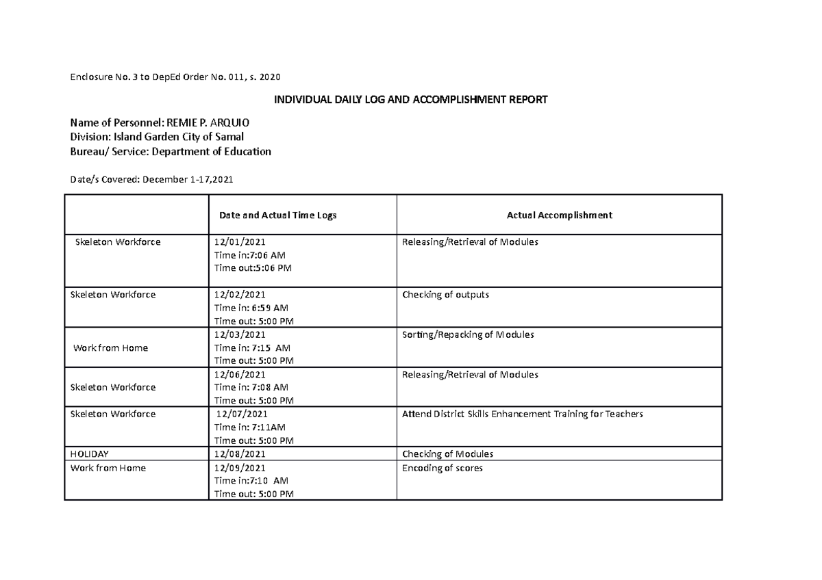 Individual daily log accomplishment - Enclosure No. 3 to DepEd Order No ...