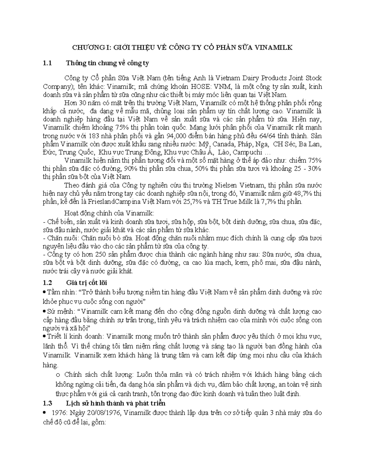 BTL-PTKD-Vinamilk - done - CHƯƠNG I: GIỚI THIỆU VỀ CÔNG TY CỔ PHẦN SỮA VINAMILK 1 Thông tin ...