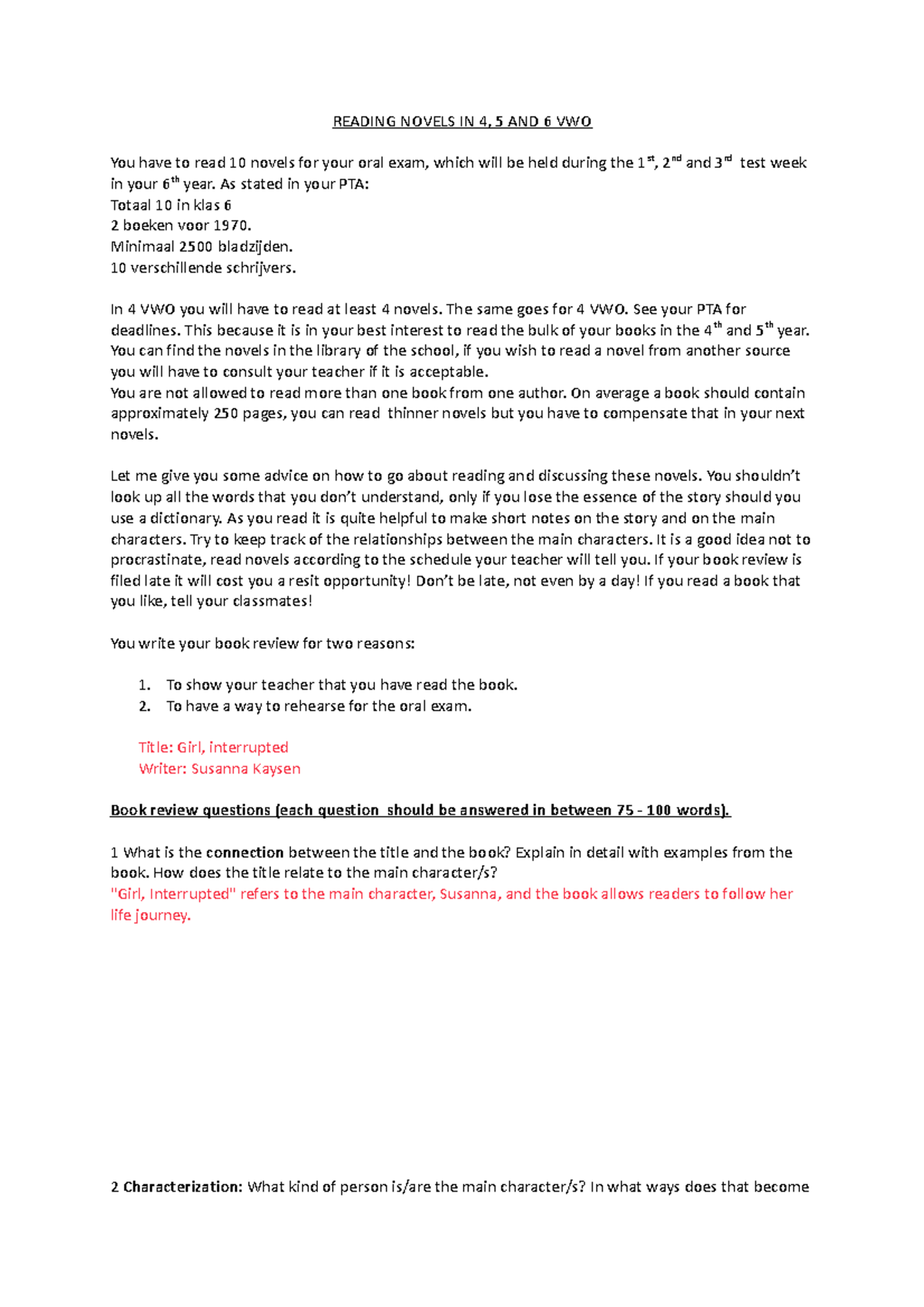 Bookreport 10 Girl, interrupted - READING NOVELS IN 4, 5 AND 6 VWO You ...