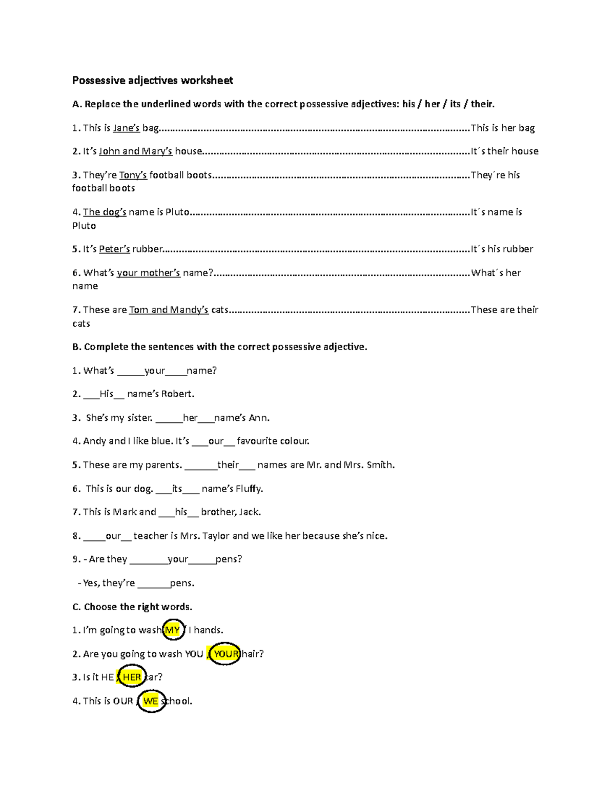 Possessive adjectives worksheet - Replace the underlined words with the ...