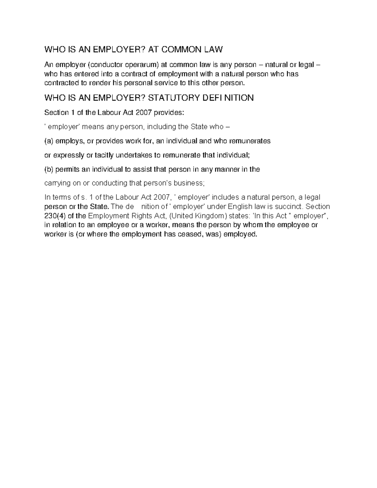 WHO IS AN Employer - A summary of the labour law textbook - WHO IS AN ...