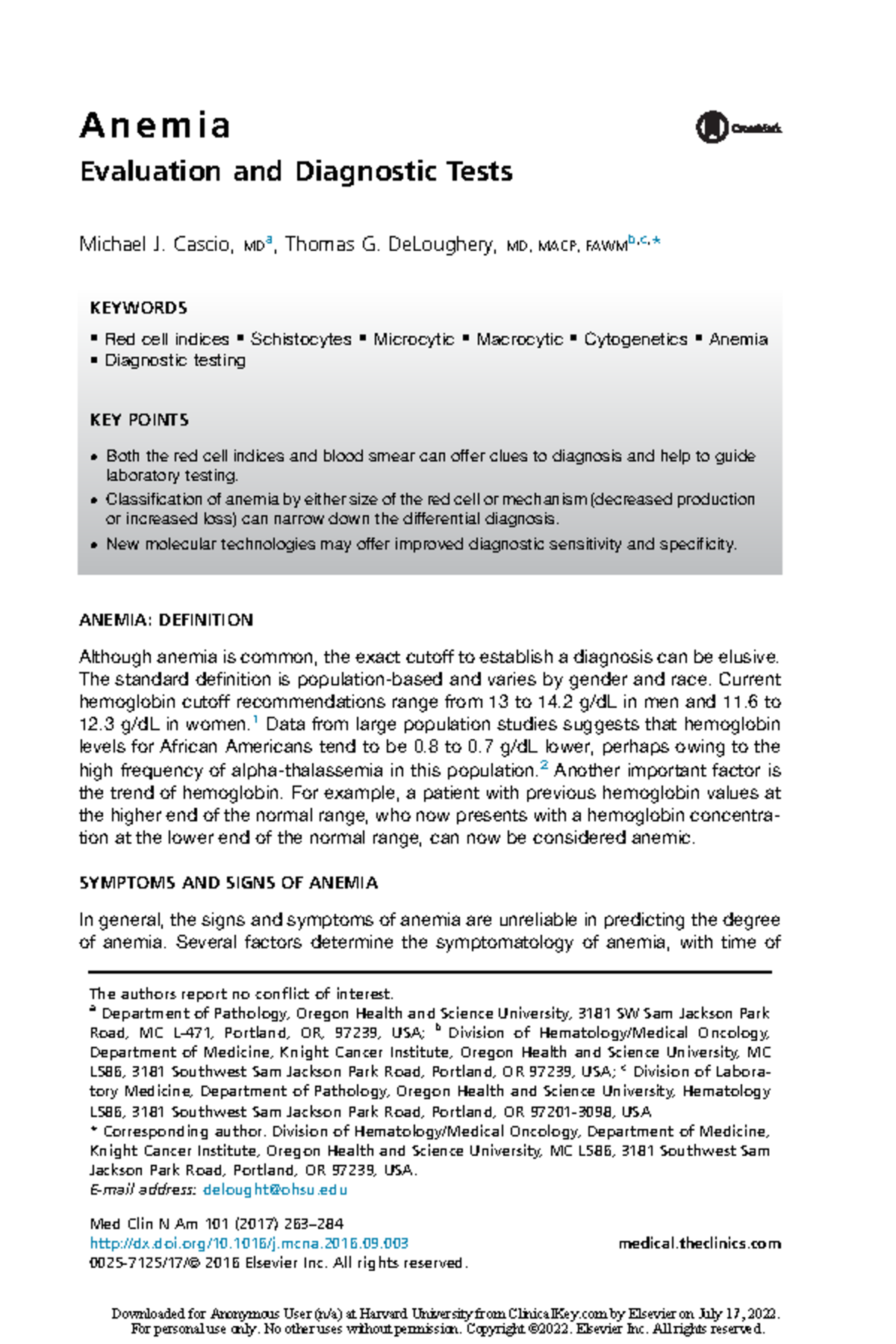 CBC 1 - Anemia Evaluation and Diagnostic Tests Michael J. Cascio, MD a ...