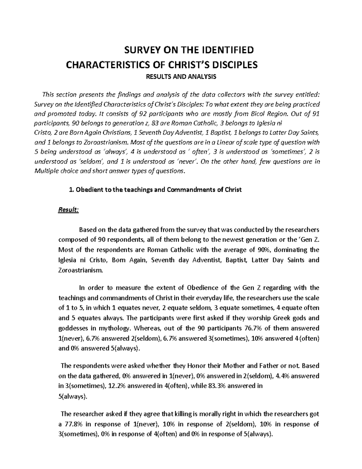 Christian Survey - SURVEY ON THE IDENTIFIED CHARACTERISTICS OF CHRIST’S ...