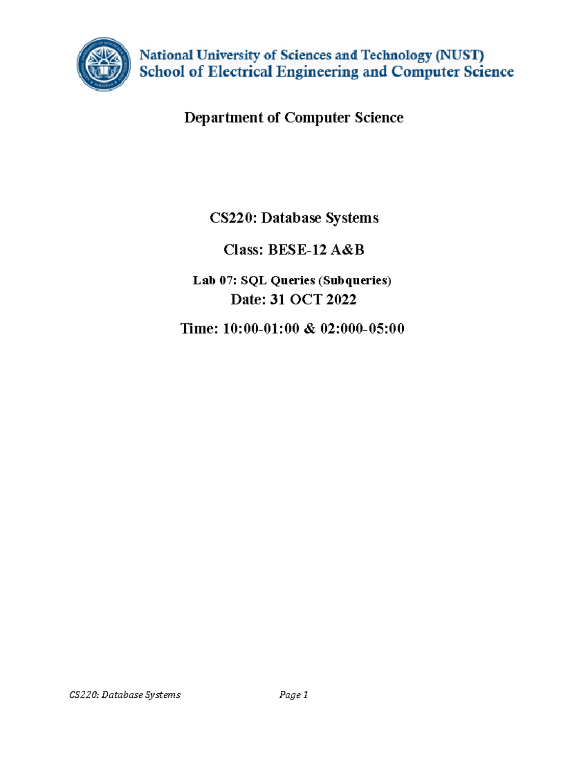 Jamal Ahmad Khan(366394) Lab#7 - Department of Computer Science CS220: Database Systems Class ...