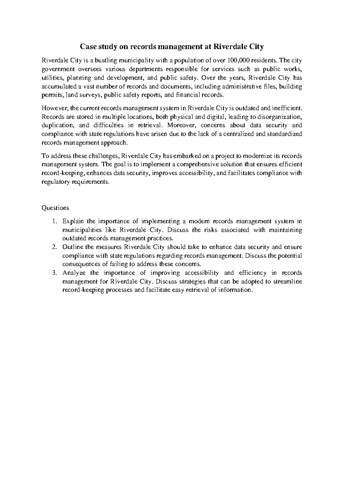 Case study on records management at Riverdale City 240521 121857 - Case ...