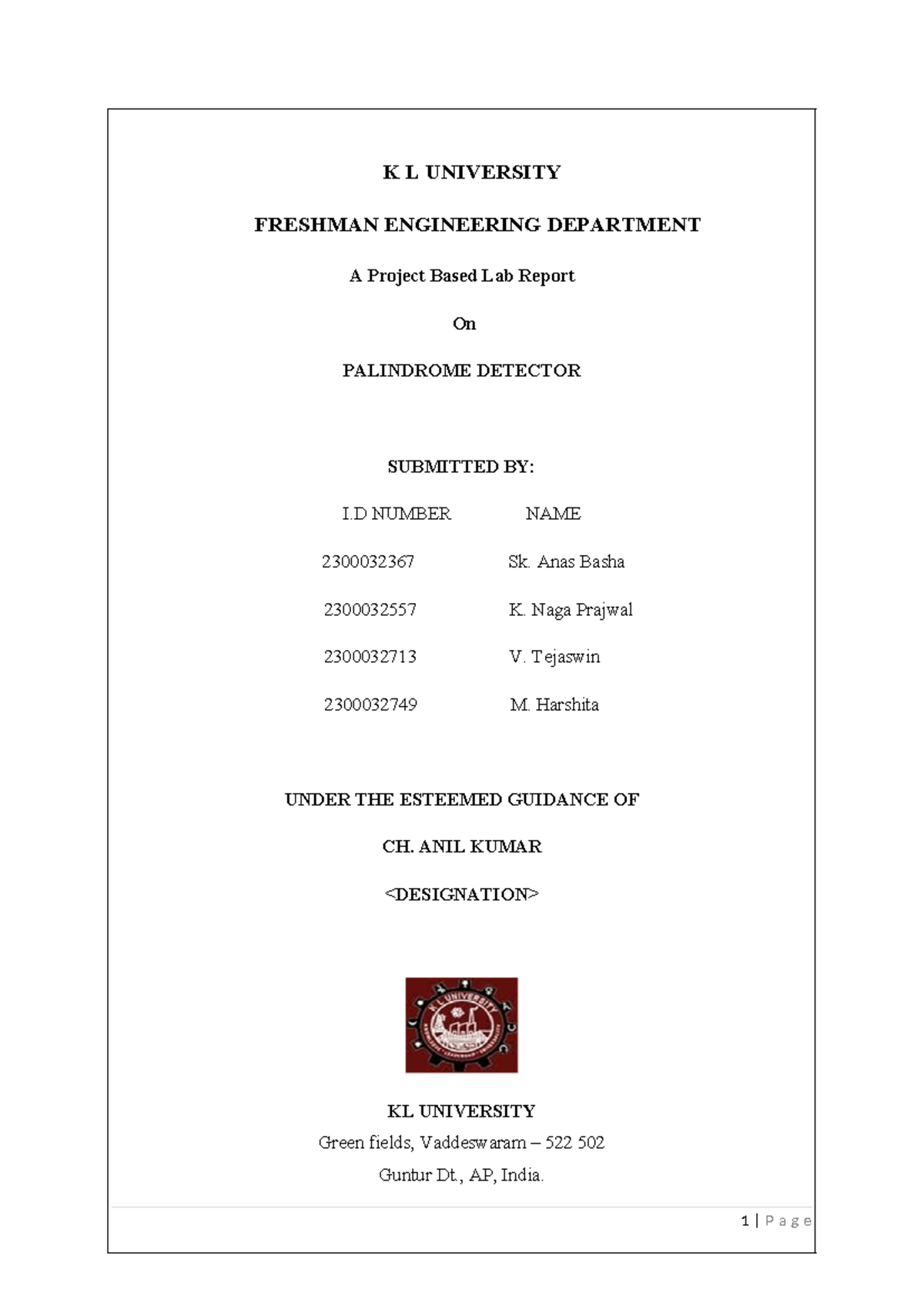 DST Project - K L UNIVERSITY FRESHMAN ENGINEERING DEPARTMENT A Project ...