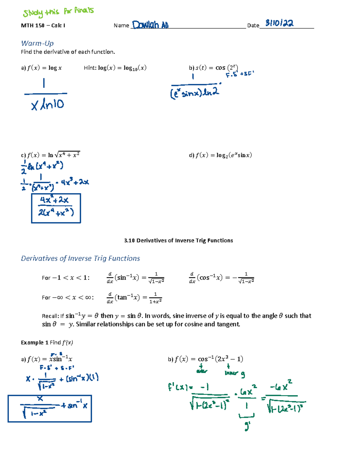 3 10 Derivatives Of Inverse Trig Functions MTH 150 Calc I Name