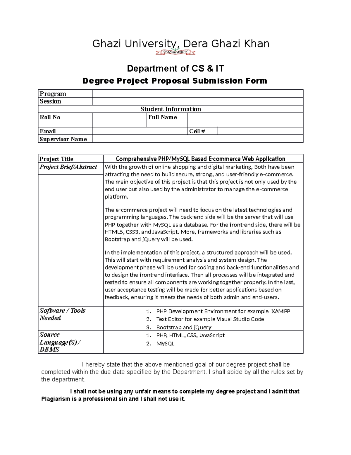 E Commerce Proposal Ghazi University Dera Ghazi Khan Department Of Cs And It Degree Project