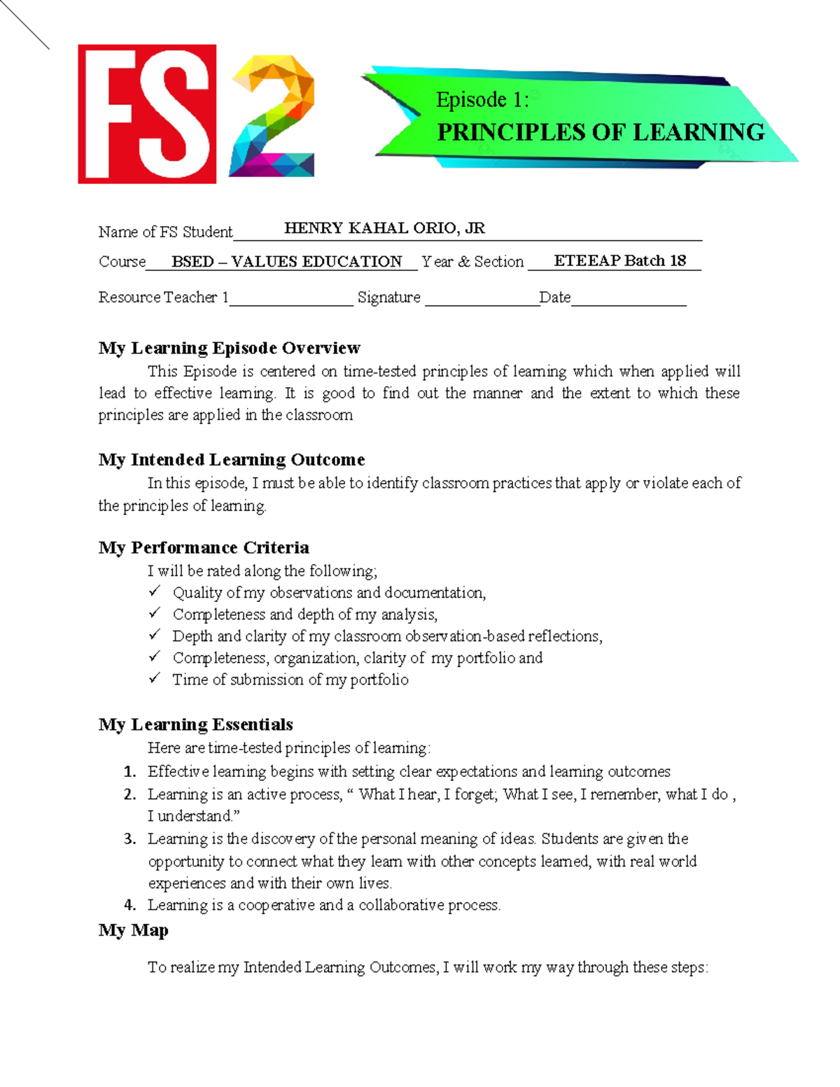 527818003 Revised Field Study 2 Episode 1 9 - HENRY KAHAL ORIO, JR BSED – VALUES EDUCATION ...