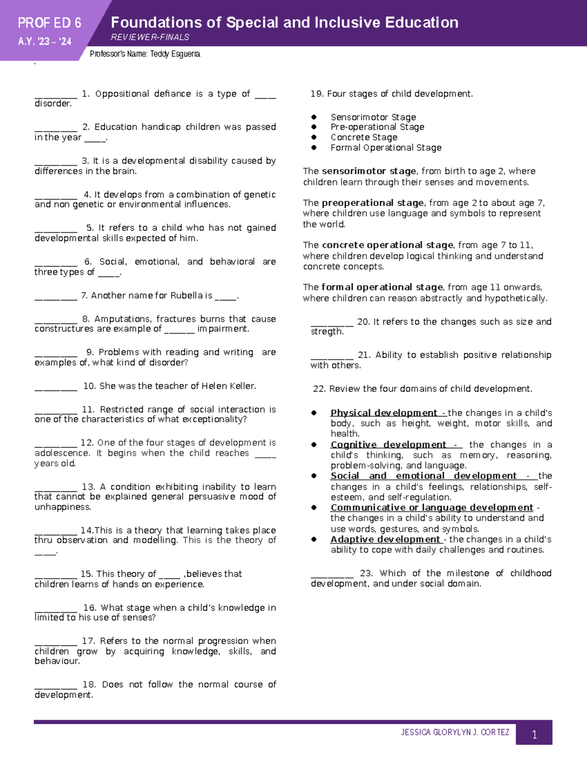 PROF ED 5- Reviewer - Foundations of Special and Inclusive Education 1 ...