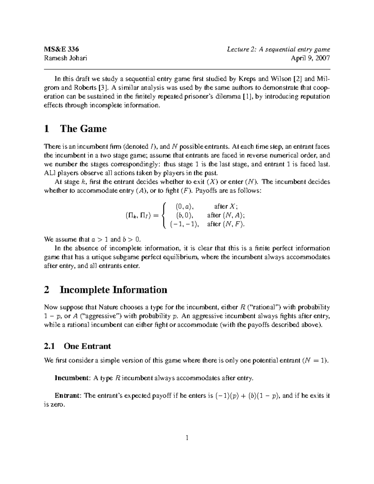 Lecture notes - Sequential entry game - 336 Ramesh Johari Lecture 2: A ...