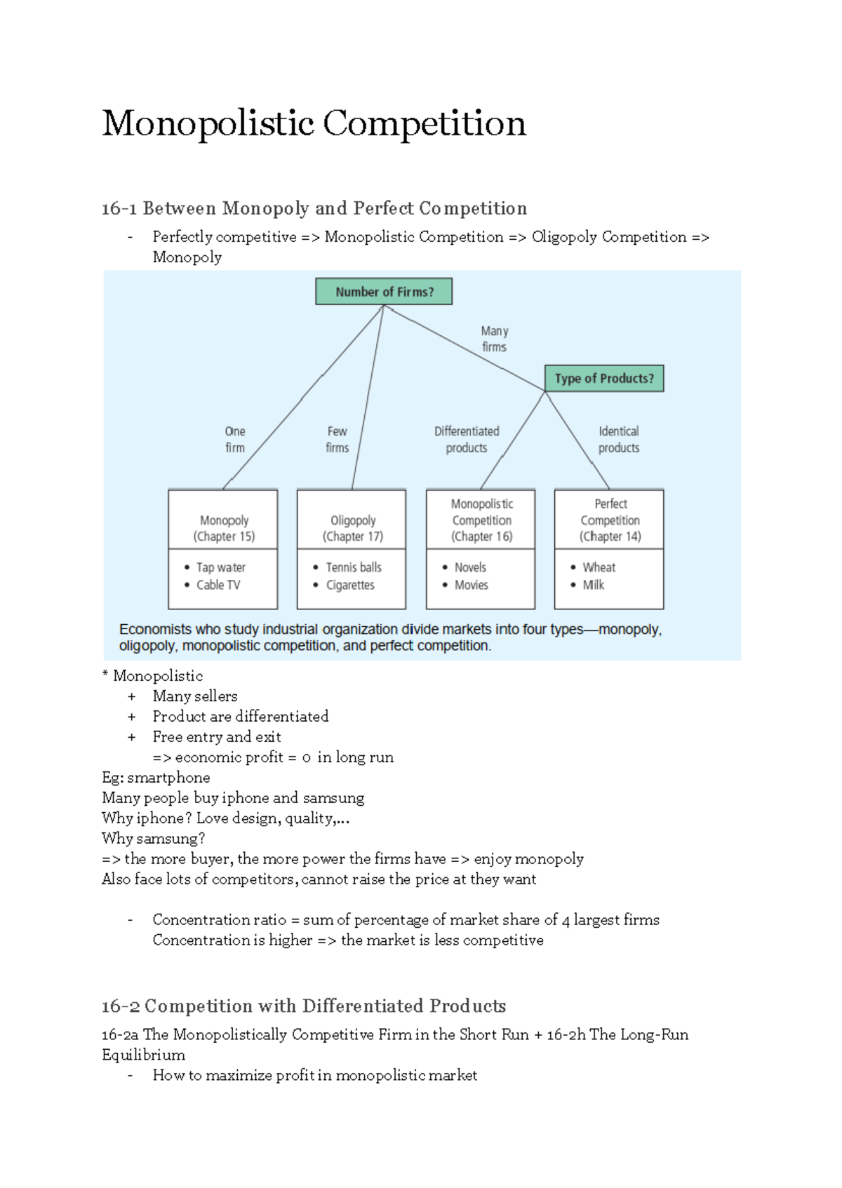 PE Chap 16 - summaries - Monopolistic Competition 16-1 Between Monopoly ...