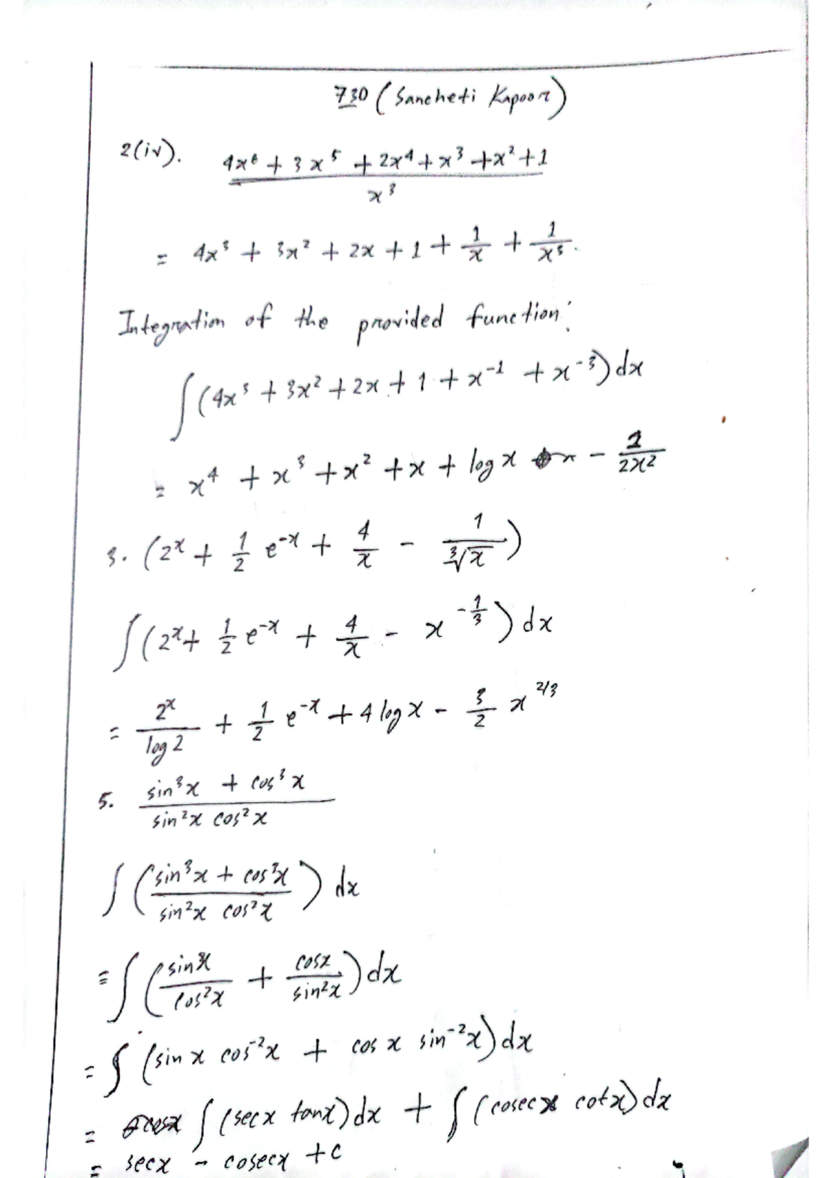 Assignment on Integration - 730 (Sancheti Kapoore) 2(iv). 4xt 3 x 5 x3 ...