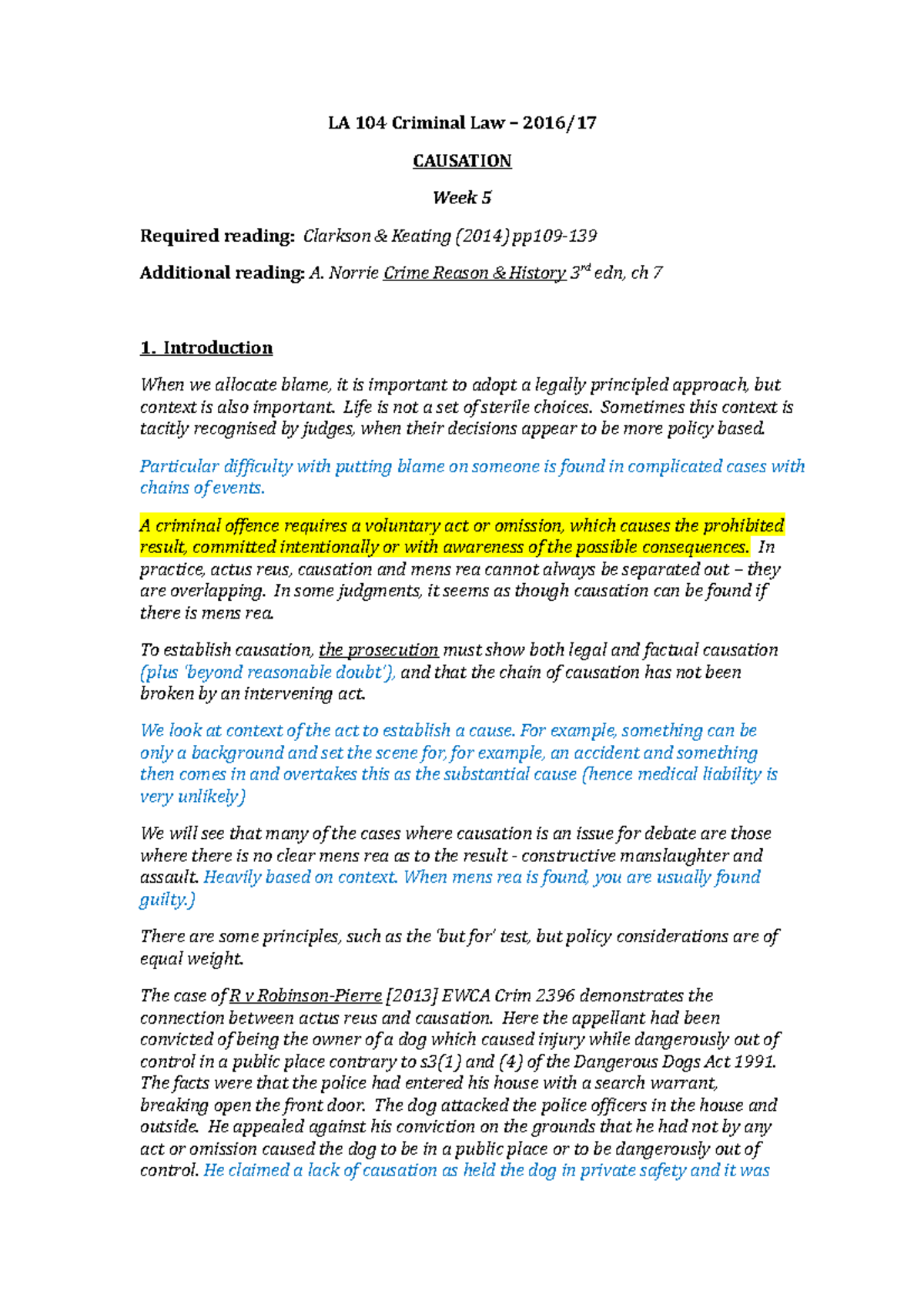 Causation Lecture Notes La 104 Criminal Law 2016 Causation Week 5 Required Reading