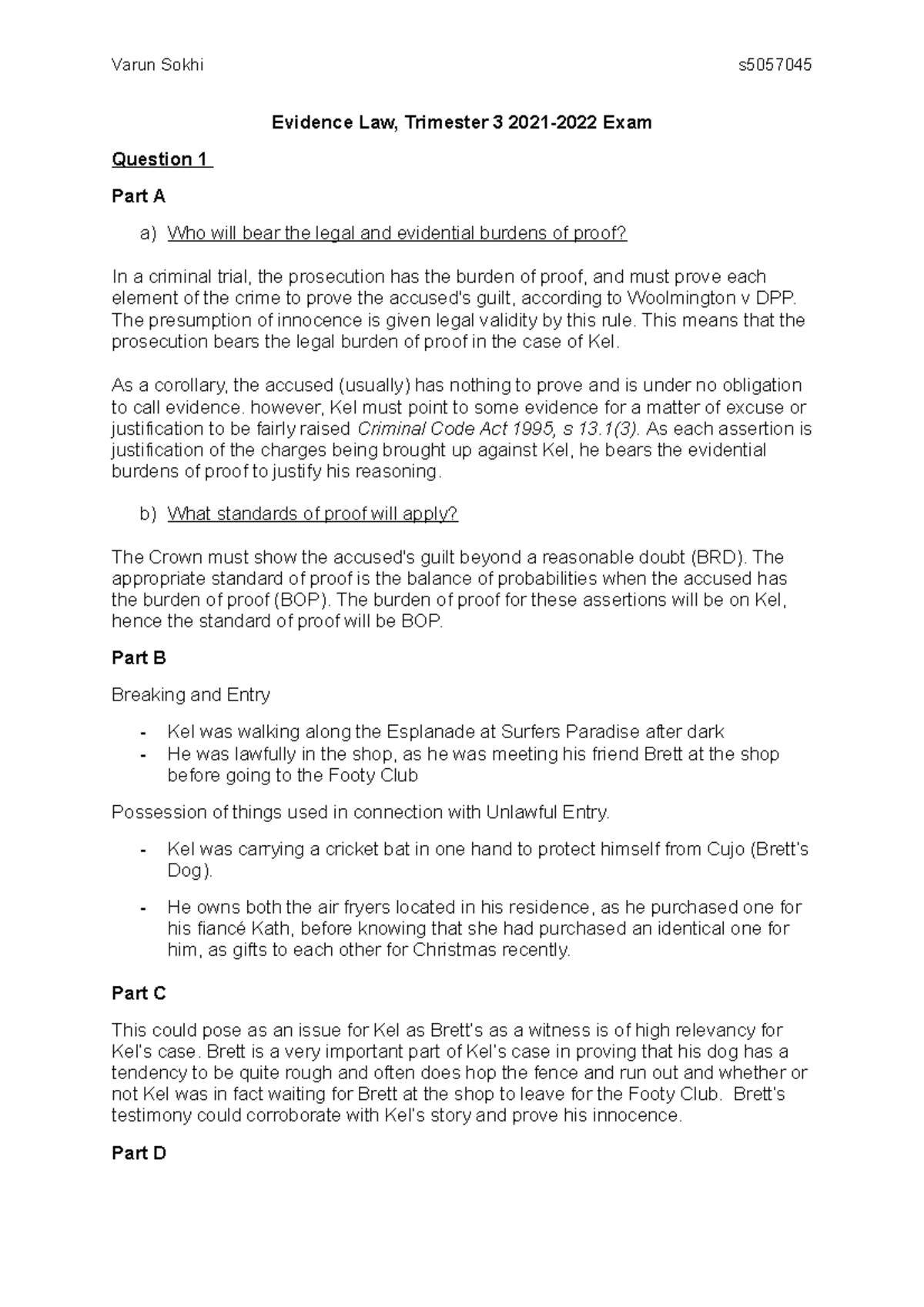 Evidence Law - Exam - Evidence Law, Trimester 3 2021-2022 Exam Question ...