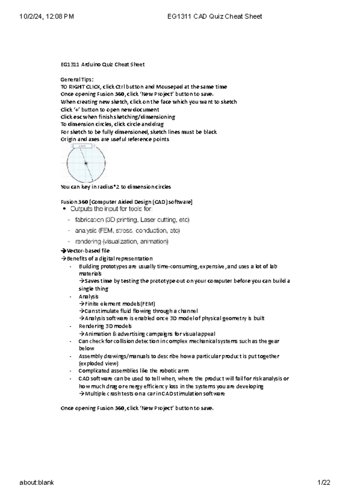 EG1311 CAD Quiz Cheat Sheet - EG1311 Arduino Quiz Cheat Sheet General Tips: TO RIGHT CLICK ...