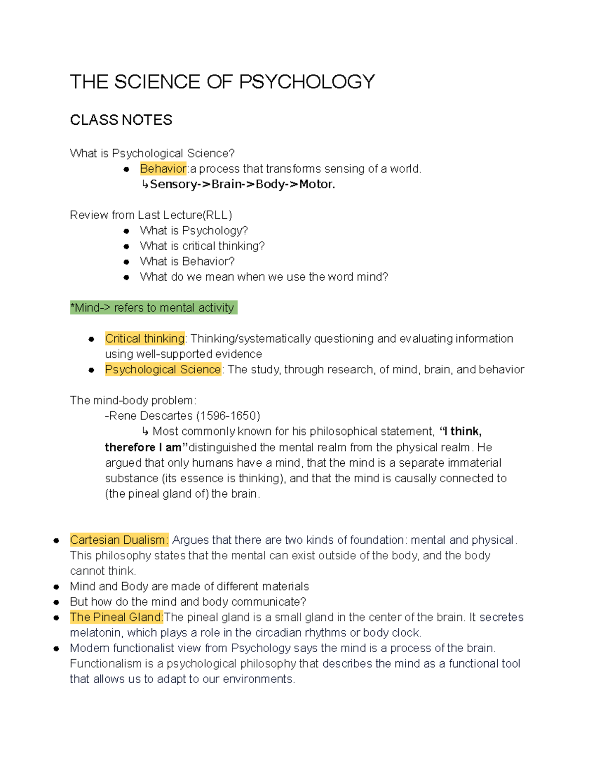 Psychology 1000 Notes - THE SCIENCE OF PSYCHOLOGY CLASS NOTES What is ...