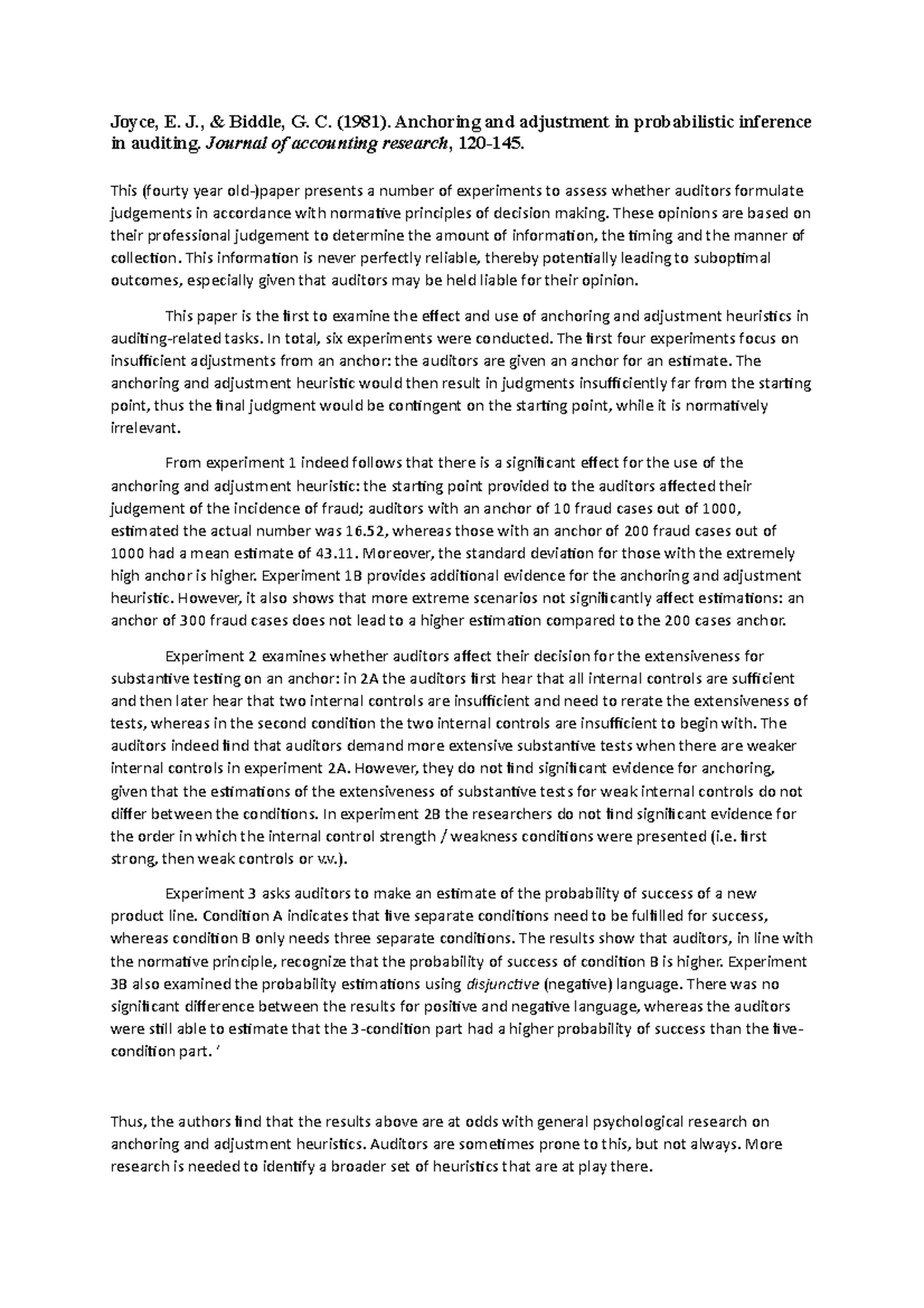 WK3 - Joyce & Biddle (1981) paper summery - Joyce, E. J., & Biddle, G ...