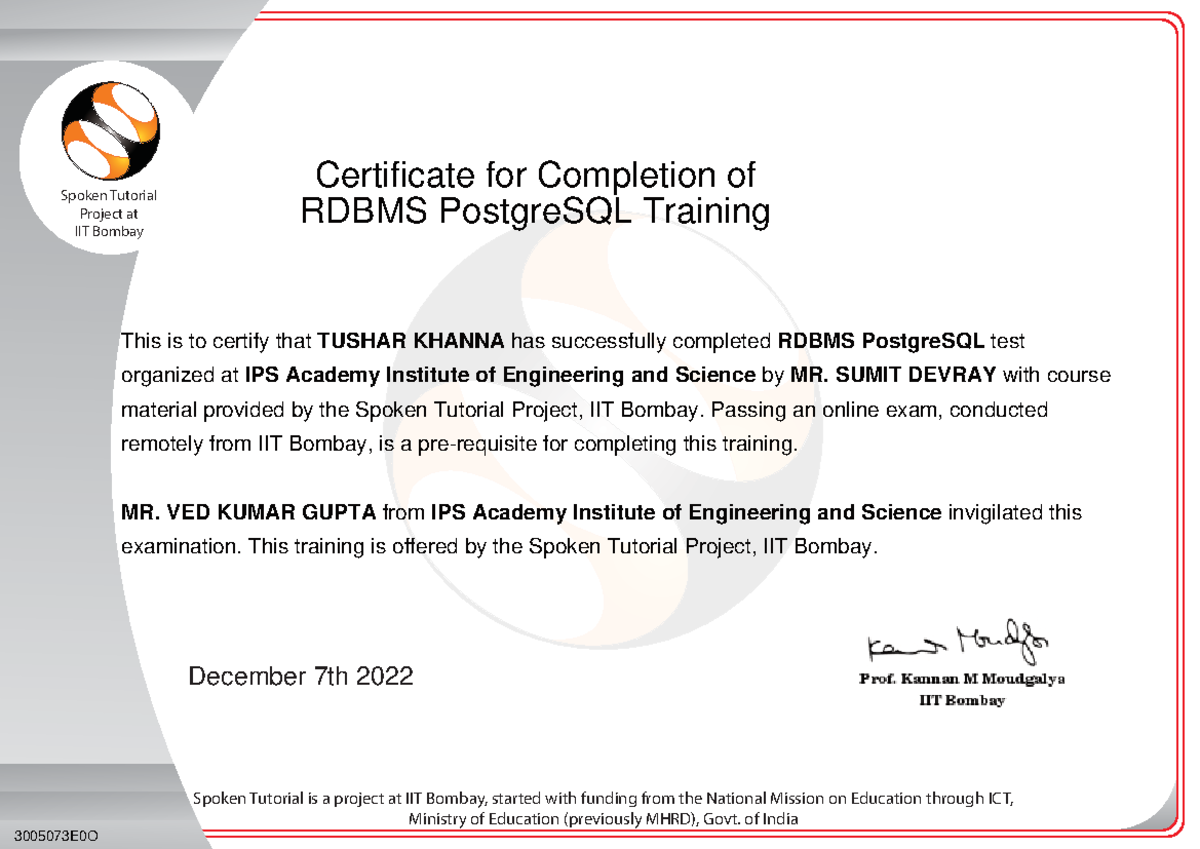Tushar Khanna Participant Certificate - _ _ Spoken Tutorial is a ...