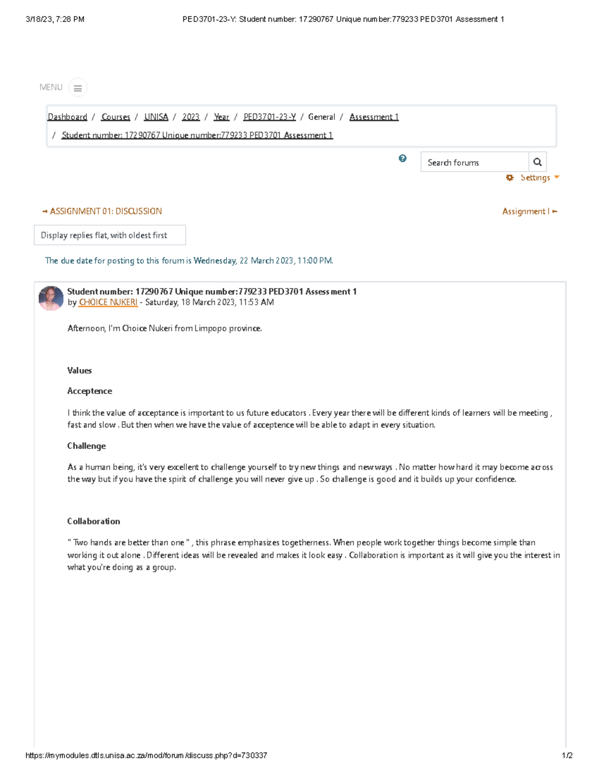 PED3701-23-Y Student number 17290767 Unique number 779233 PED3701 Assessment 1 - - Studocu