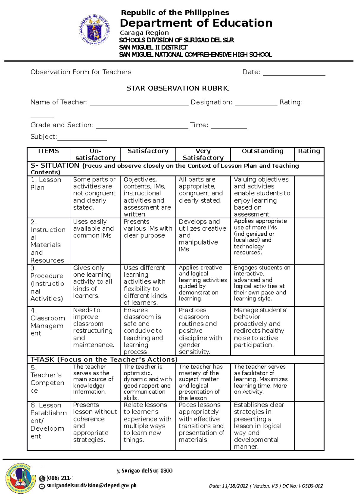 Smnchs STAR Observation Tool - Balilahan, Mabua, Tandag City, Surigao ...