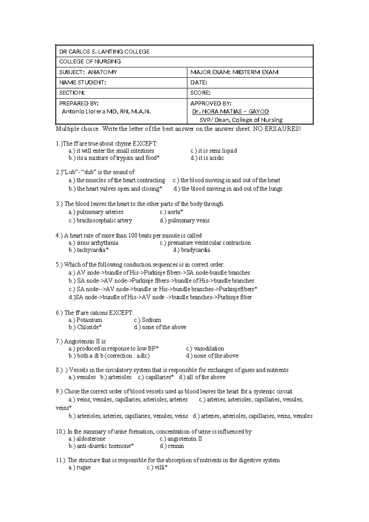 ANA Physio Midterm exam 2019-20 KEY - DR CARLOS S. LANTING COLLEGE COLLEGE OF NURSING SUBJECT ...