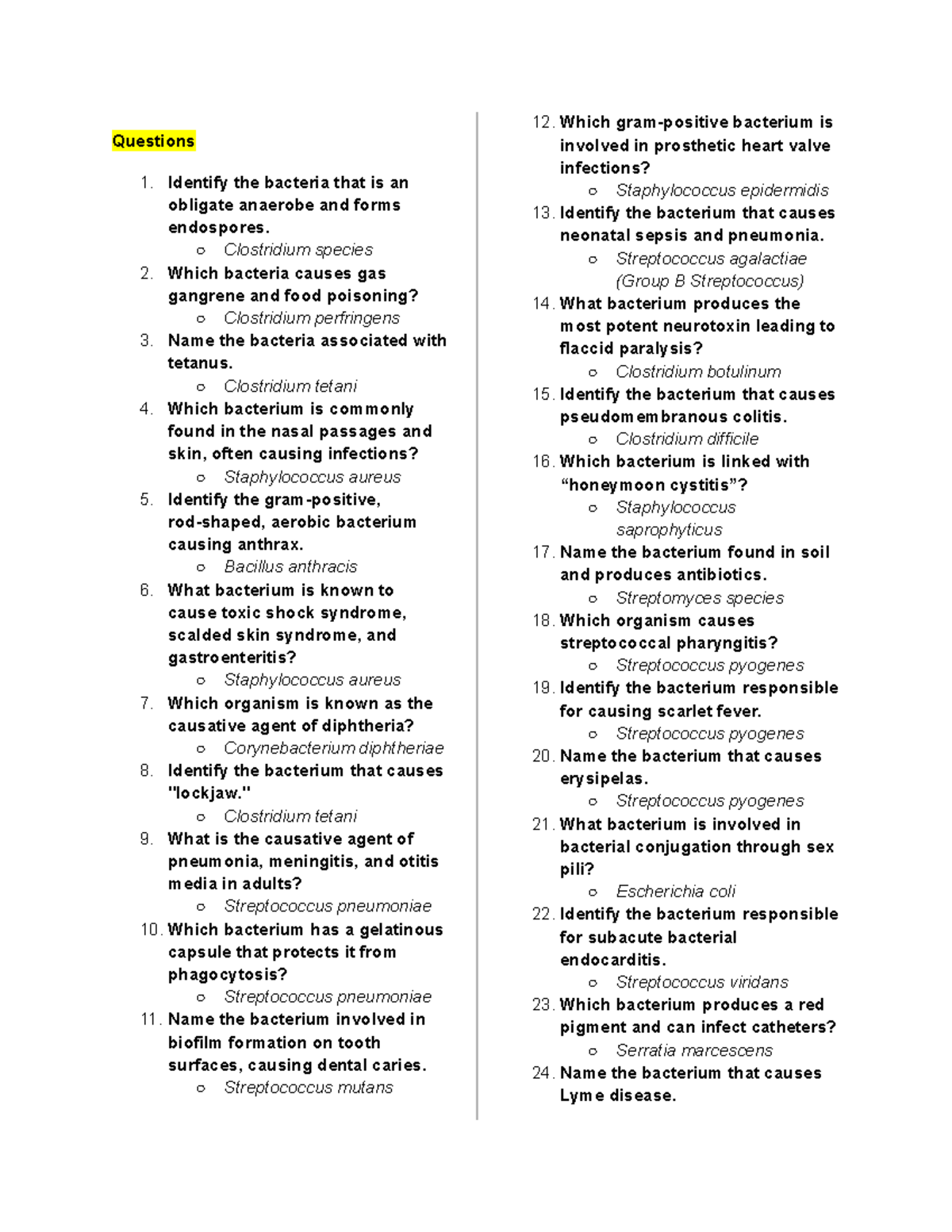 PHMP Q&A, Info - MIDTERM- types of bacteria - Questions 1. Identify the ...