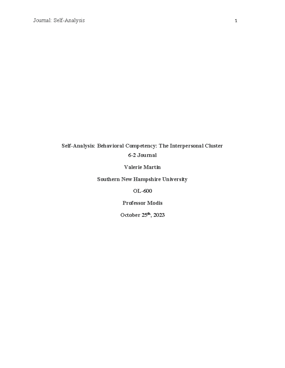 6-2 Journal Human Resource Management - Self-Analysis: Behavioral ...