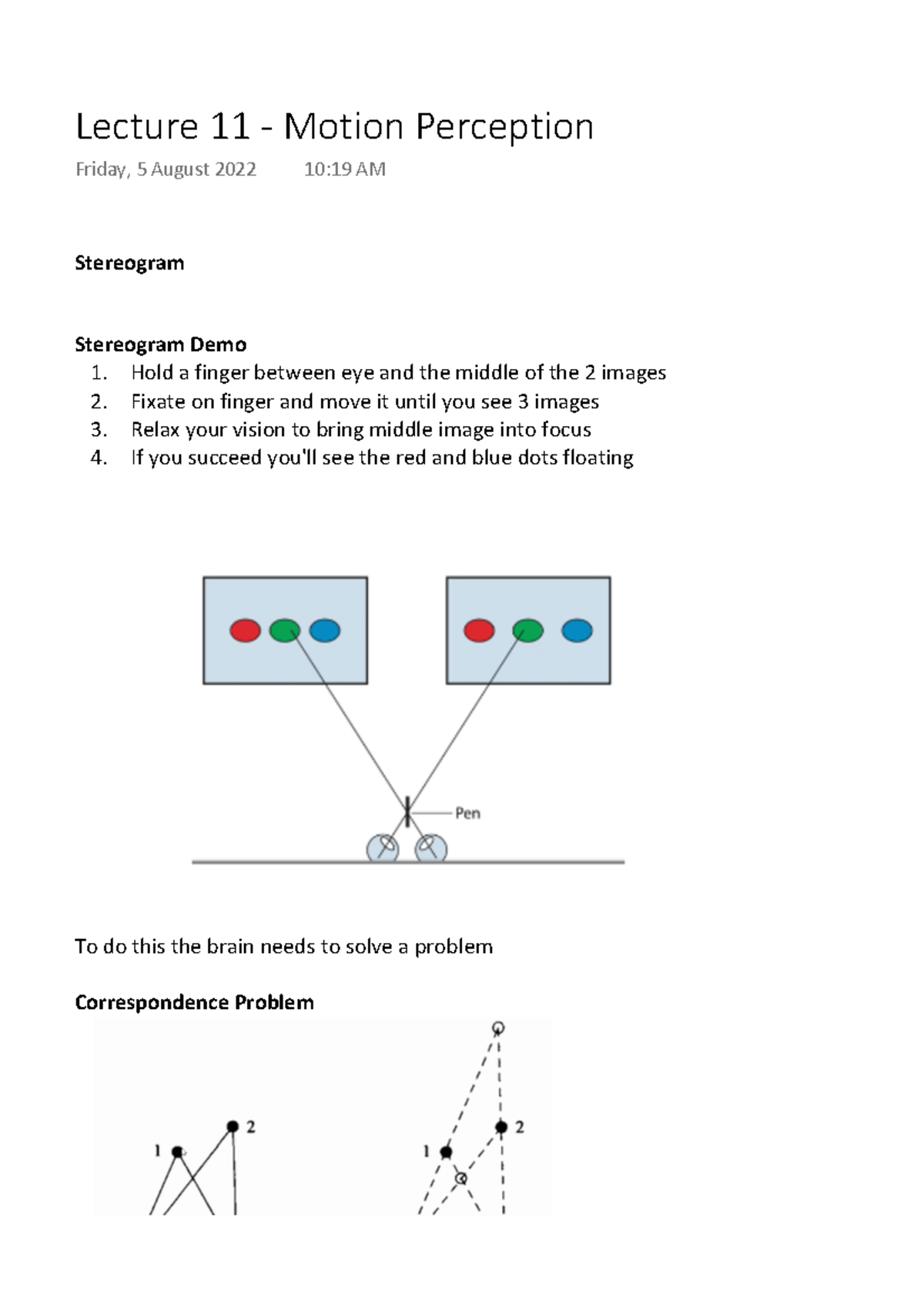 Lecture 11 - Motion Perception - Stereogram Stereogram Demo 1. Hold a ...